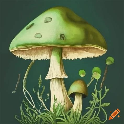 Green Vintage Mushrooms Drawing On Craiyon