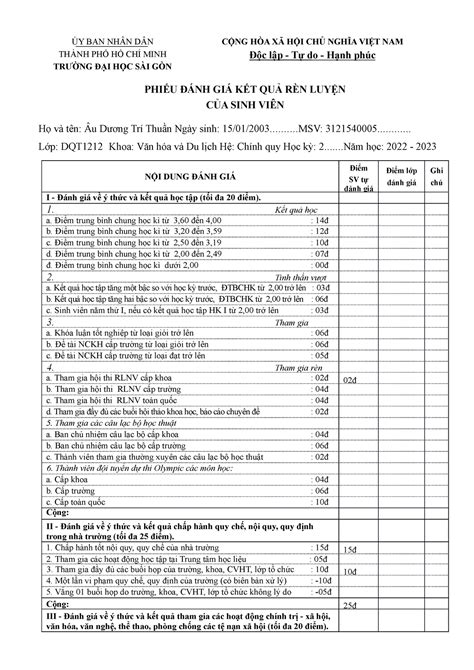 Phiếu đánh giá ĐRL sinh viên English for Office Studocu