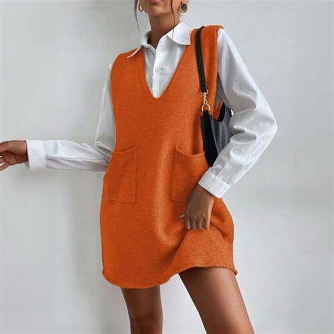 Brgzlk Women Vest Dresses Solid Color Loose V Neck Sleeveless Knitting