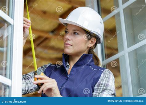 Portrait Woman Measuring Window Frame Stock Image Image Of Frame Estimate