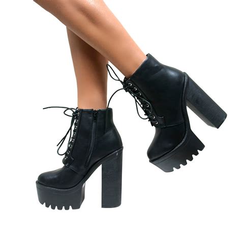 Ladies Womens Chunky Cleated Sole High Heel Platform Lace Up Ankle