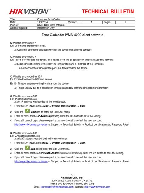 Technical Bulletin Error Codes For Ivms 4200 Client Software Pdf