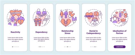 2d Icons Representing Codependent Relationship Mobile App Screen Set Walkthrough 5 Steps