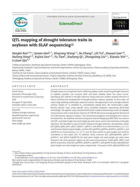 Qtl Mapping Of Drought Tolerance Traits In Soybean With Sl 2020 The Crop Jou Pdf