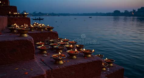 Glowing Diyas Light Up The Sacred River Ghat Steps Stock Illustration