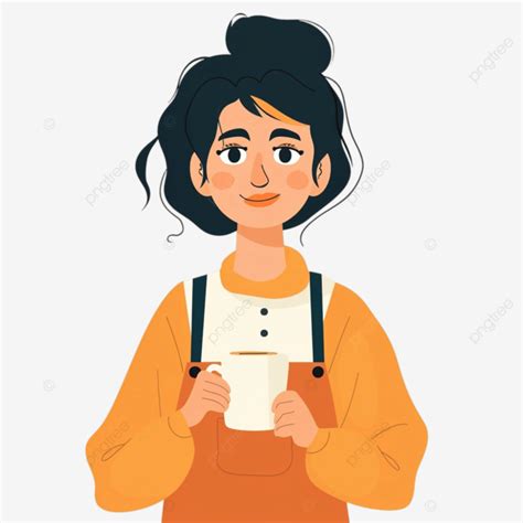 커피잔을 들고 있는 만화 여성 노동자의 납작한 색 평면 디자인 색깔 색상 Png 일러스트 및 이미지 에 대한 무료 다운로드