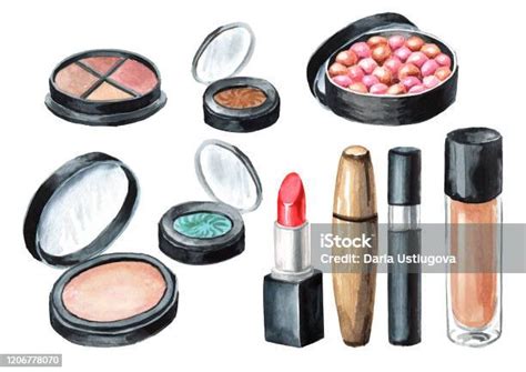 립스틱 아이 라이너 브러쉬 스폰지 마스카라와 파운데이션 얼굴 파우더와 화장품 볼 세트 메이크업 컨셉 흰색 배경에 고립 된 손으로 그린 수채화 그림 0명에 대한 스톡 벡터
