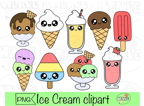 Cute Ice Cream Clipart Kawaii Food Ice Cream Cone Dessert Etsy