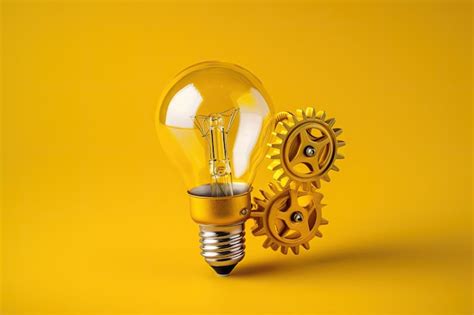 機械的な歯車を備えた黄色の電球を使用することは創造的思考のアイデアの原理の一例です プレミアム写真