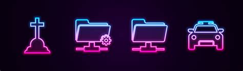 크로스 Ftp 설정 폴더 경찰 차 및 점멸기로 라인 삭제 표시를 설정합니다 빛나는 네온 아이콘 벡터 경찰관에 대한 스톡 벡터 아트 및 기타 이미지 Istock