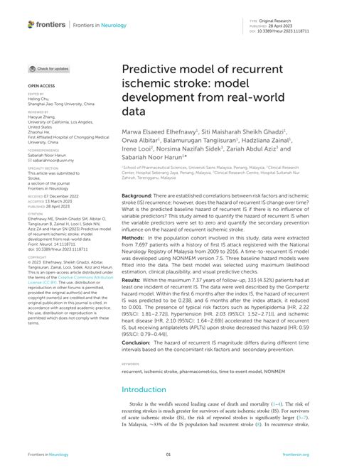 Pdf Predictive Model Of Recurrent Ischemic Stroke Model Development