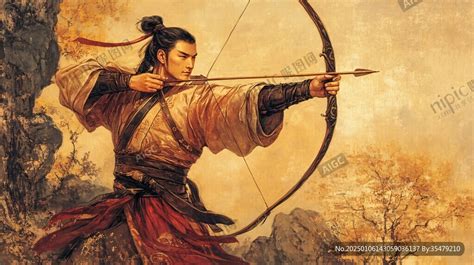 AI创作图手绘侠客风大侠射箭 岳飞习箭 武士张弓射箭 射箭的古人 大羿射日 拉弓射日 后羿射日造型 张弓搭箭 弯弓射剑造型 弓箭复原示意 后羿