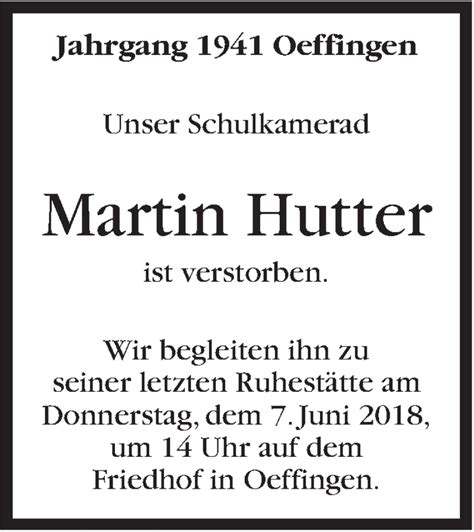 Traueranzeigen Von Martin Hutter Stuttgart Gedenkt De