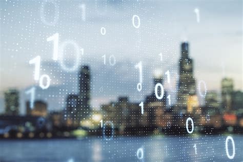 premium photo double exposure of abstract virtual binary code hologram on blurry cityscape