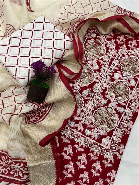 Carmine Red Cotton Work Suit With Fancy Dupatta Embroidery Suits