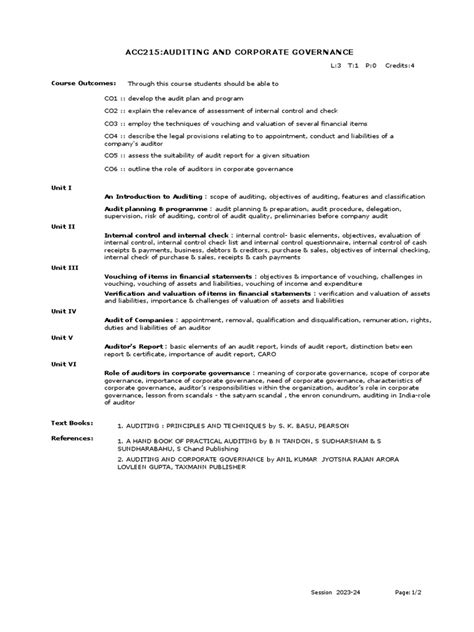 Syllabus Acc215 Auditing And Corporate Governance Pdf Audit Auditors Report