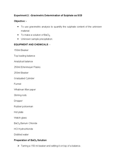Prelab Experiment 2 Experiment 2 Gravimetric Determination Of Sulphate As SO Objective To