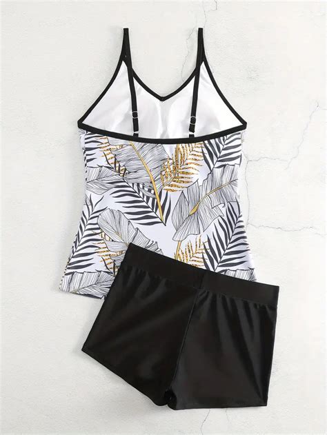 Leaf Print V Neck Tummy Control Tankini Spaghetti Strap Temu Portugal