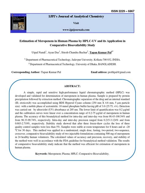Estimation Of Meropenem In Human Plasma By Hplc Uv And Its Application