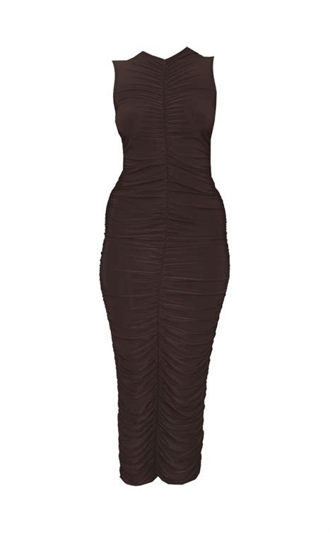 Chocolate Slinky Ruched Sleevless Midaxi Dress Dresses