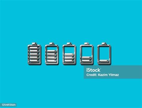 격리된 배터리 아이콘 집합입니다 배터리 충전 충전 표시기 아이콘 배터리 에너지 수준 알칼리성 배터리 용량 충전 아이콘 메탈릭 크롬 3d 일러스트레이션 0명에 대한 스톡 사진