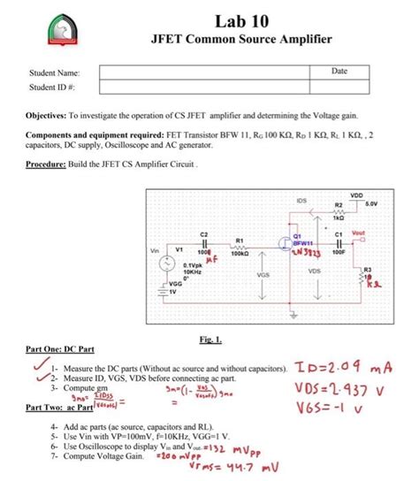 Lab 10 JFET Common Source Amplifier Date Babe Chegg Com
