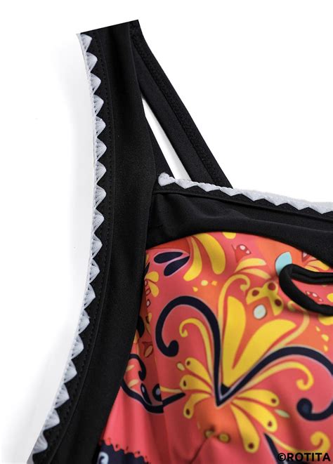 Rotita Plus Size Bowknot Tribal Print Multi Color Tankini Top Rotita