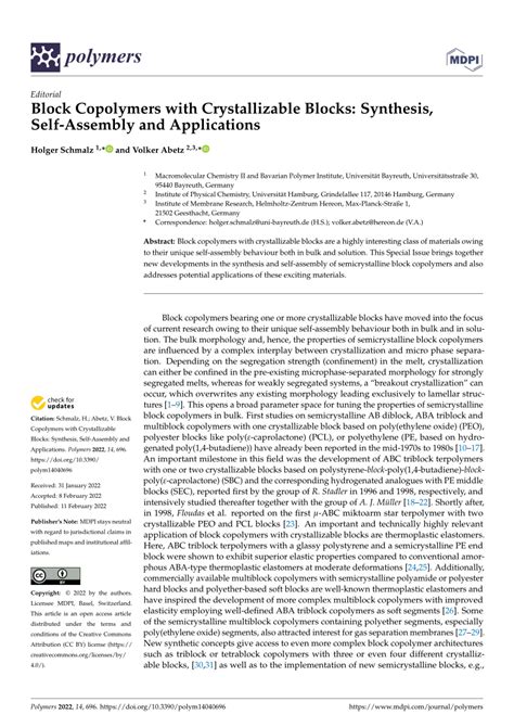 Pdf Block Copolymers With Crystallizable Blocks Synthesis Self Assembly And Applications