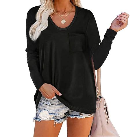 Temofon Womens Long Sleeve Crewneck Shirts Black Loose Casual Tee T