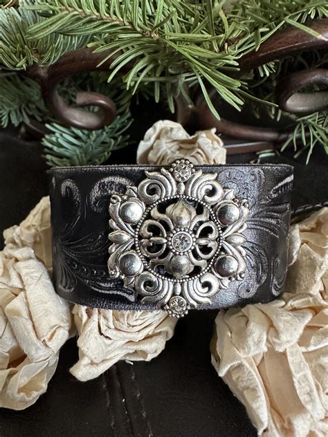 Bling Bracelet Leather Cuff Flower Rhinestone Bracelet Jeweled Wrist Cuff Bling Jewelry