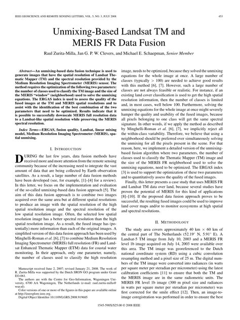 Pdf Unmixing Based Landsat Tm And Meris Fr Data Fusion