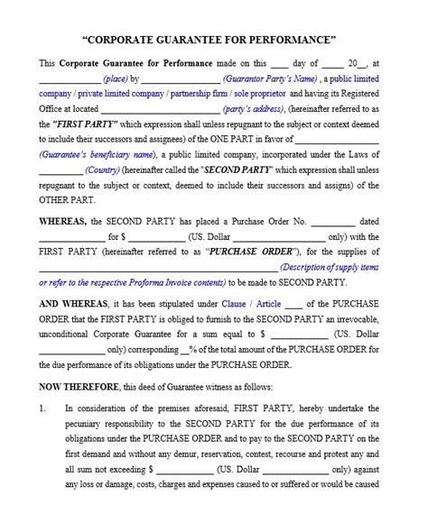 Corporate Performance Guarantee Contract Directory