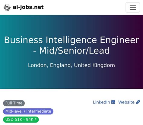 Hiring Business Intelligence Engineer Midseniorlead In London