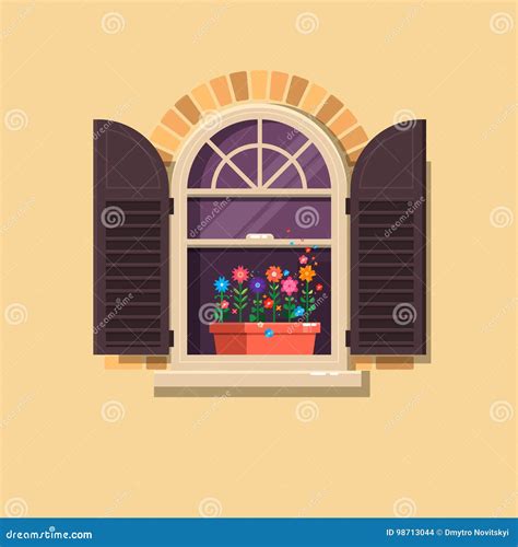 Vector Window With Brown Shutters And Flower Pots On A Brick Wall