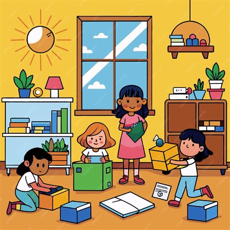 мультфильм с изображением детей играющих с коробками и солнцем на заднем плане Премиум векторы