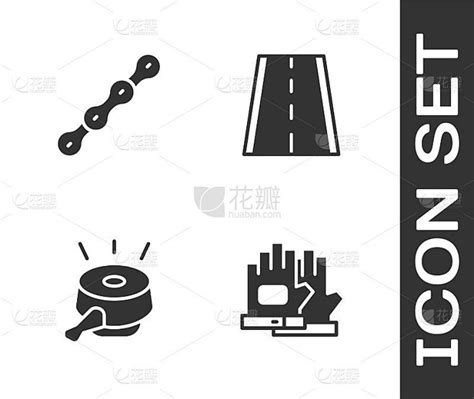 设置手套，自行车链，钟和车道图标。向量