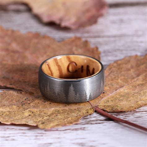 Engraved Wood Ring With Forest Trees Getnamenecklace
