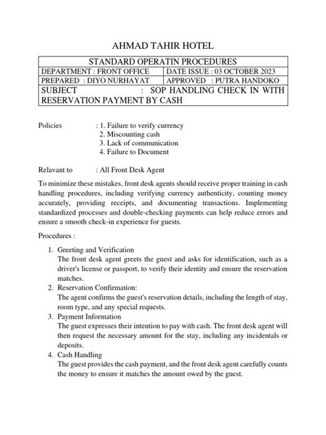 Fo Sop Handling Check In With Reservation Payment By Cash Diyo