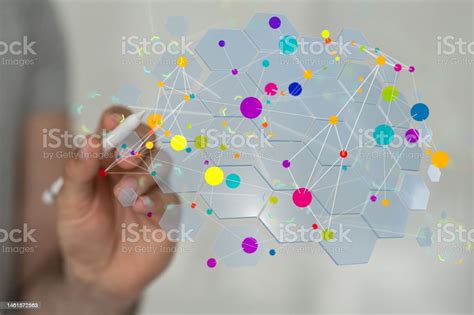 3d 렌더링된 네트워크 연결 점과 선을 만지는 펜을 가진 여자의 손 3차원 형태에 대한 스톡 사진 및 기타 이미지 3차원