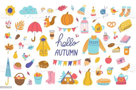 손 글자가있는 가을 요소 세트 스웨터 우산 수확 플랫 손으로 그린 스타일의 벡터 일러스트레이션입니다 포장지 엽서 직물의 디자인 0명에 대한 스톡 벡터 아트 및 기타 이미지