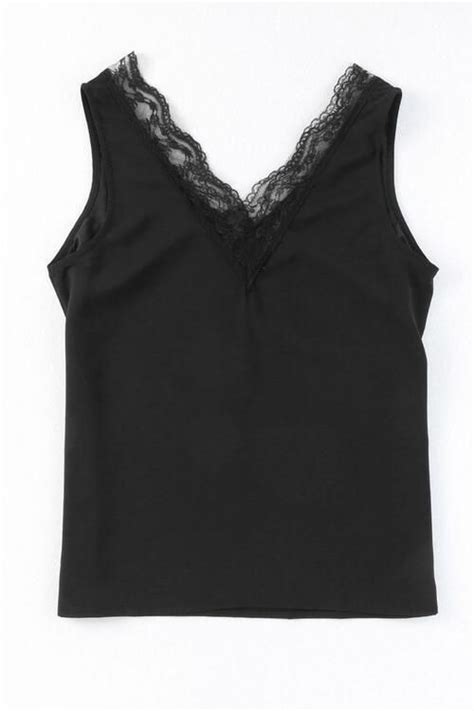 Lace Detail V Neck Tank Black M Lace Splicing V Neck Tank Top Lace Detail