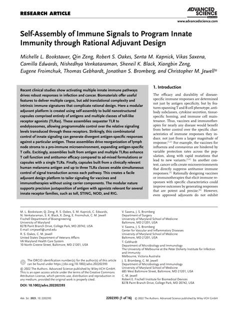 Pdf Self‐assembly Of Immune Signals To Program Innate Immunity
