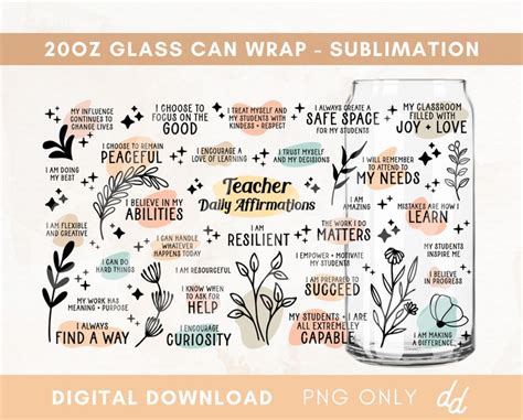 Teacher Affirmations 20 Oz Glass Can Wrap Sublimation Design Boho