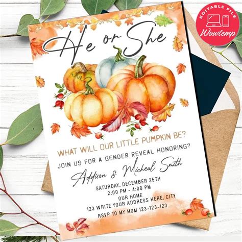 Pumpkin Gender Reveal Invitation Printable DIY Wowtemp