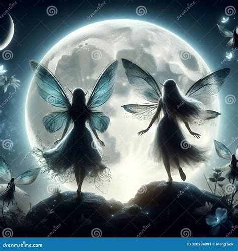 The Moon Is In The Background Flanked By Two Fairies With Wings Stock