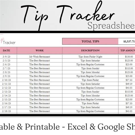 Track Tips And Gratuities Spreadsheet Etsy