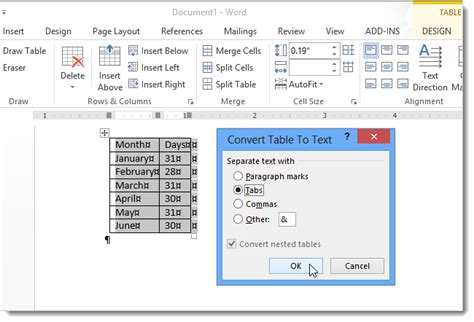 How To Convert Text To A Table And A Table To Text In Word 2013