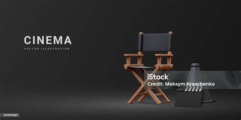 3d 현실적인 영화 산업 개념입니다 영화 프로덕션 디자인 개념 감독 의자 클래퍼보드 검은색 배경에 체적 조명의 확성기 벡터 그림 3차원 형태에 대한 스톡 벡터 아트 및 기타