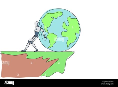 Single Continuous Line Drawing Robot Pushes A Large Globe Down On Its Back From The Edge Of