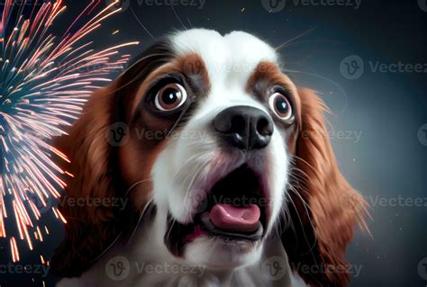 The Dog Is Afraid And Shocked By The Sound Of Fireworks With Sky